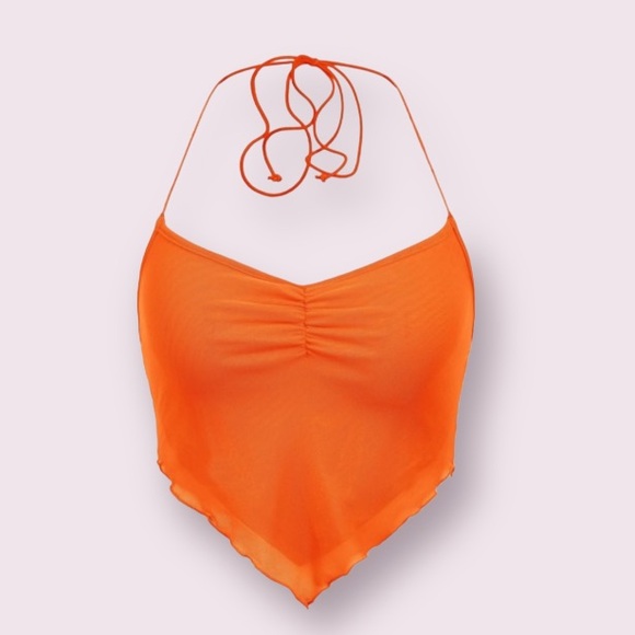 SHEIN | Tops | Shein Icon Neon Orange Ruched Tie Backless Han Ky Hem ...